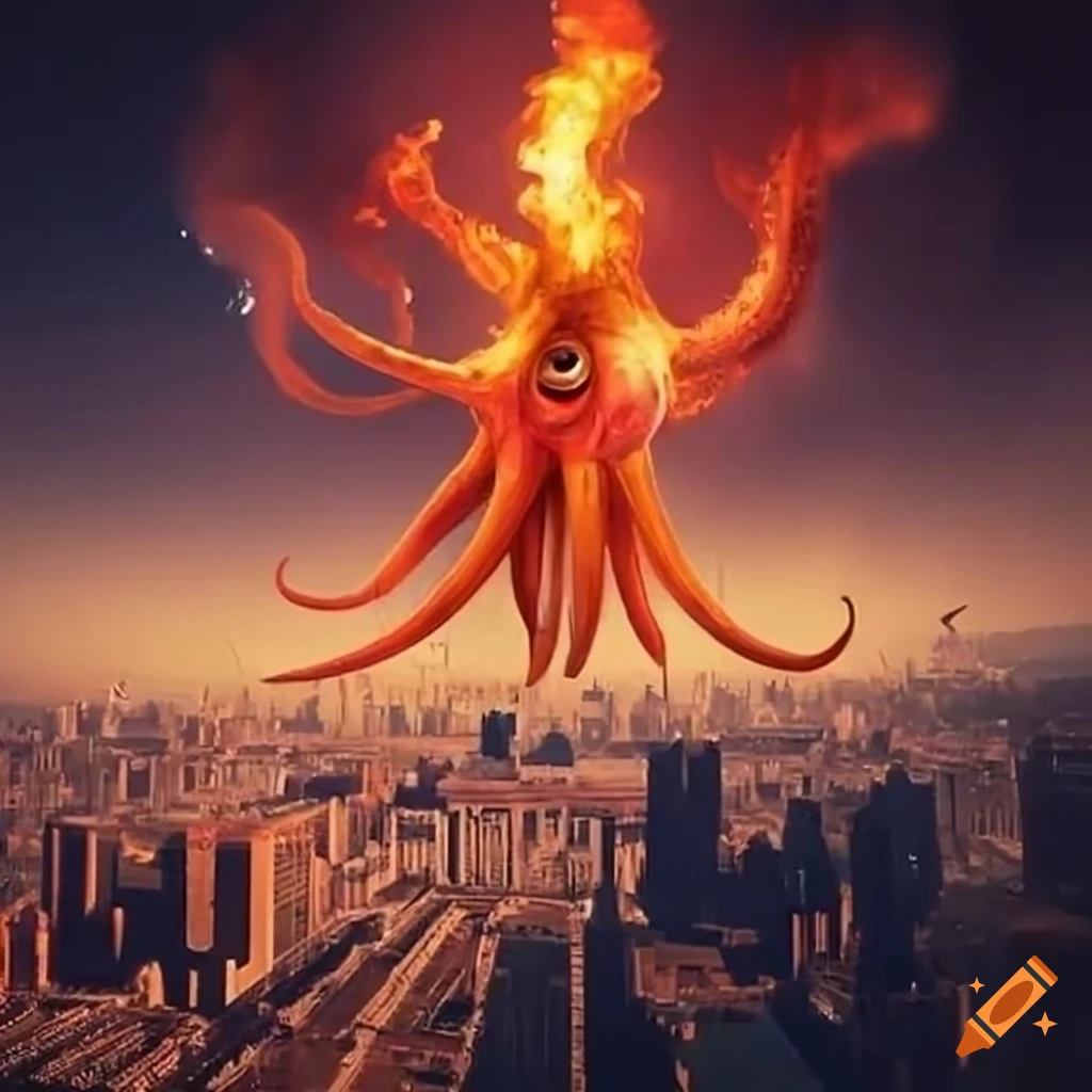 Giant alien squid flying over a burning city on Craiyon