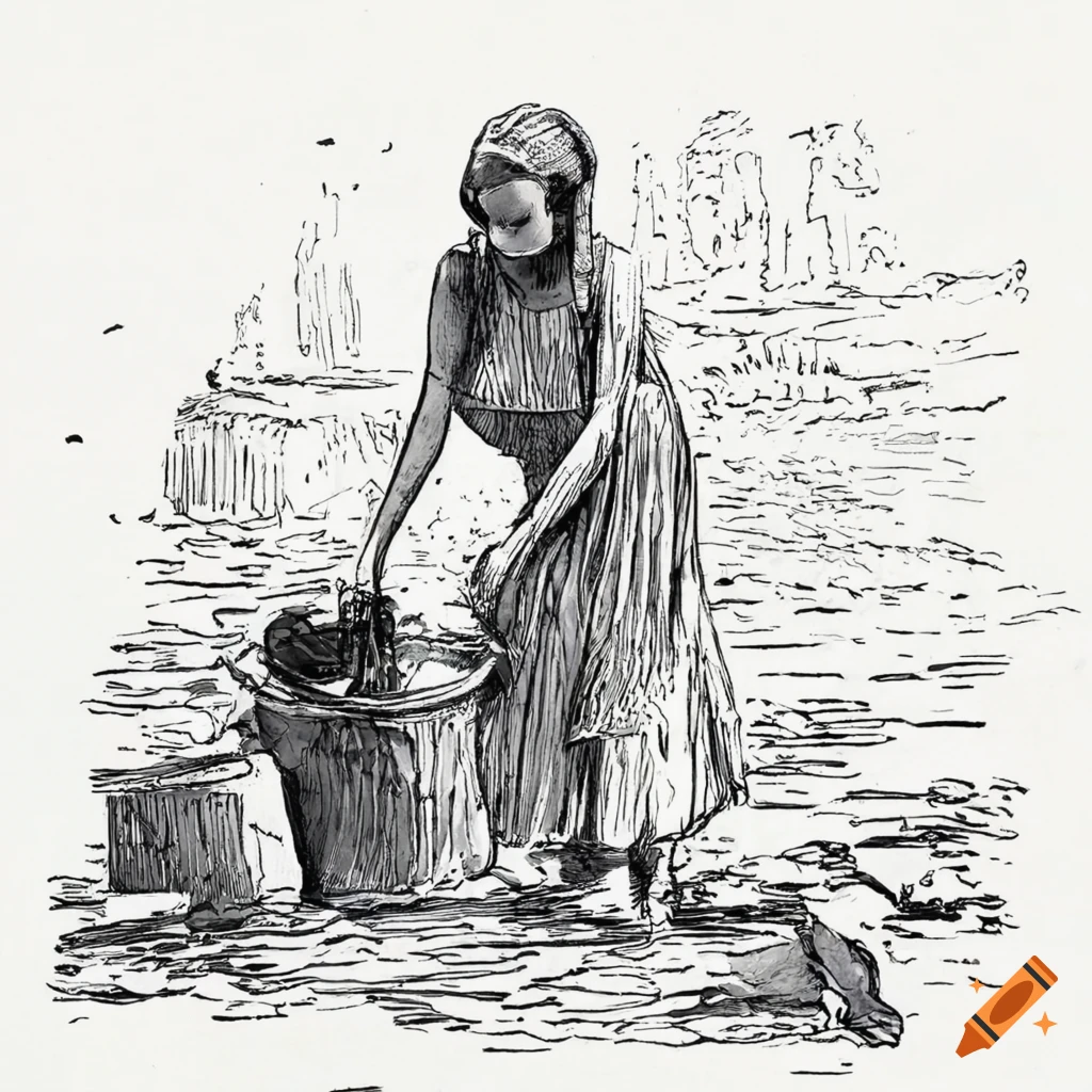 Women washing clothes at river edge in europe, depicted in pen and ink ...