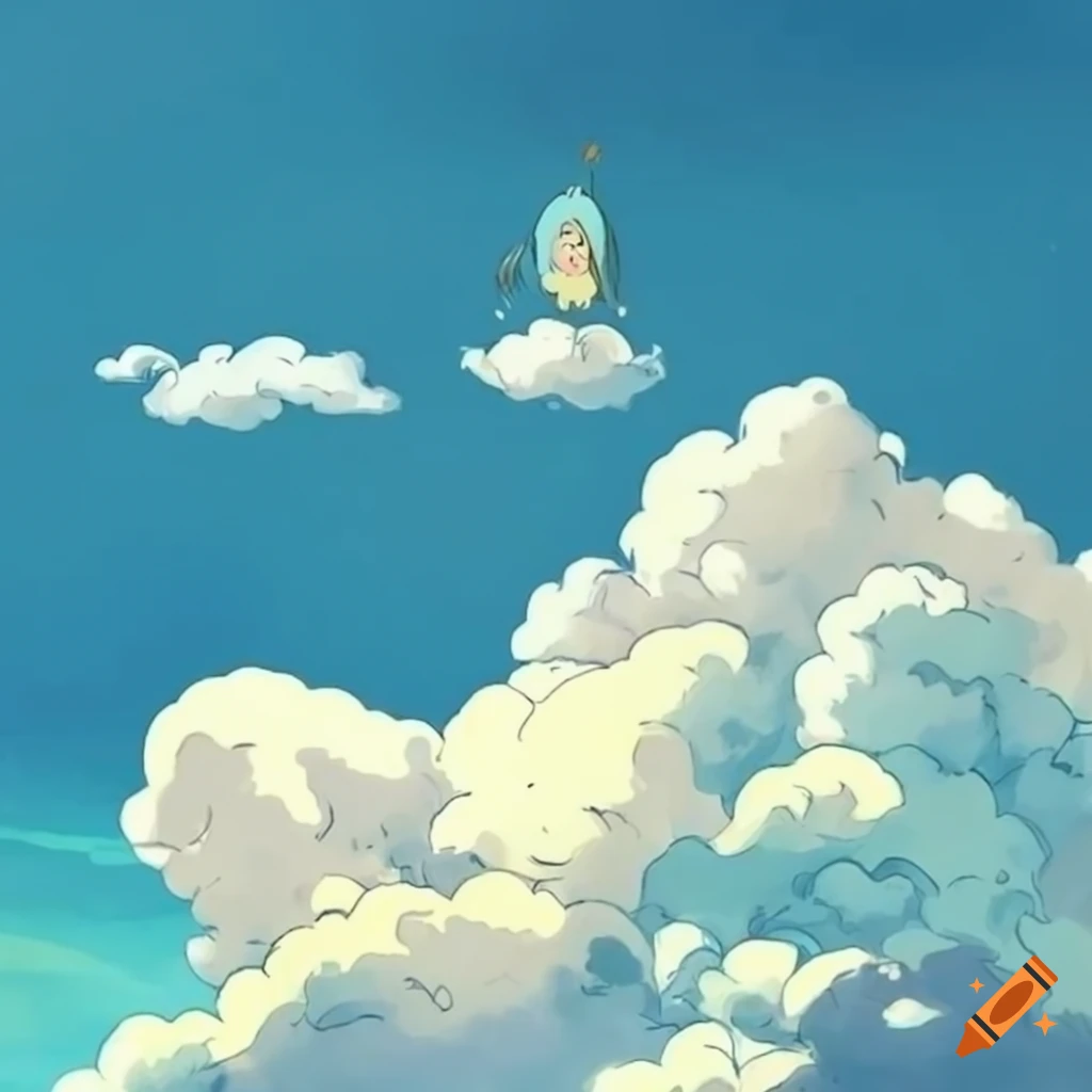 Studio Ghibli style drawing of clouds in a clear sky on Craiyon