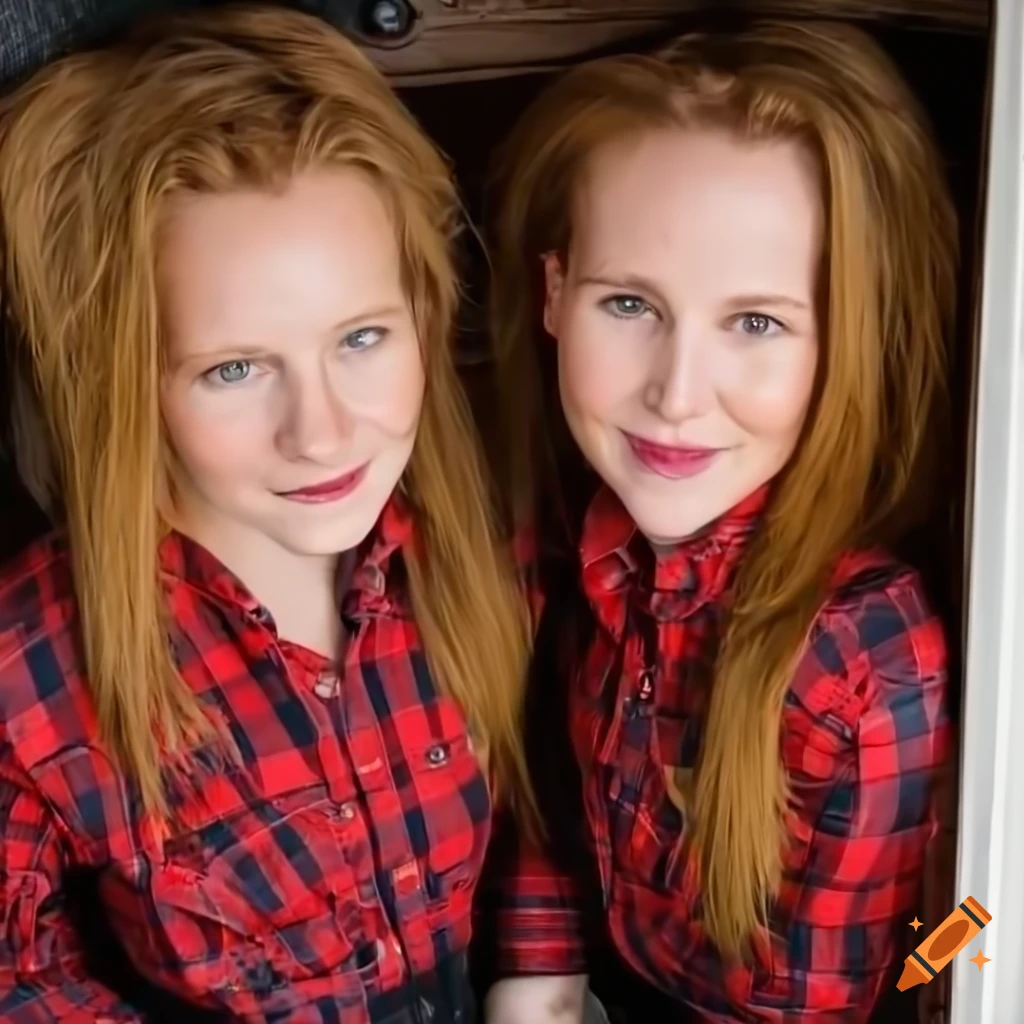 Two relaxed ginger female twins in country plaid shirts and high waist ...