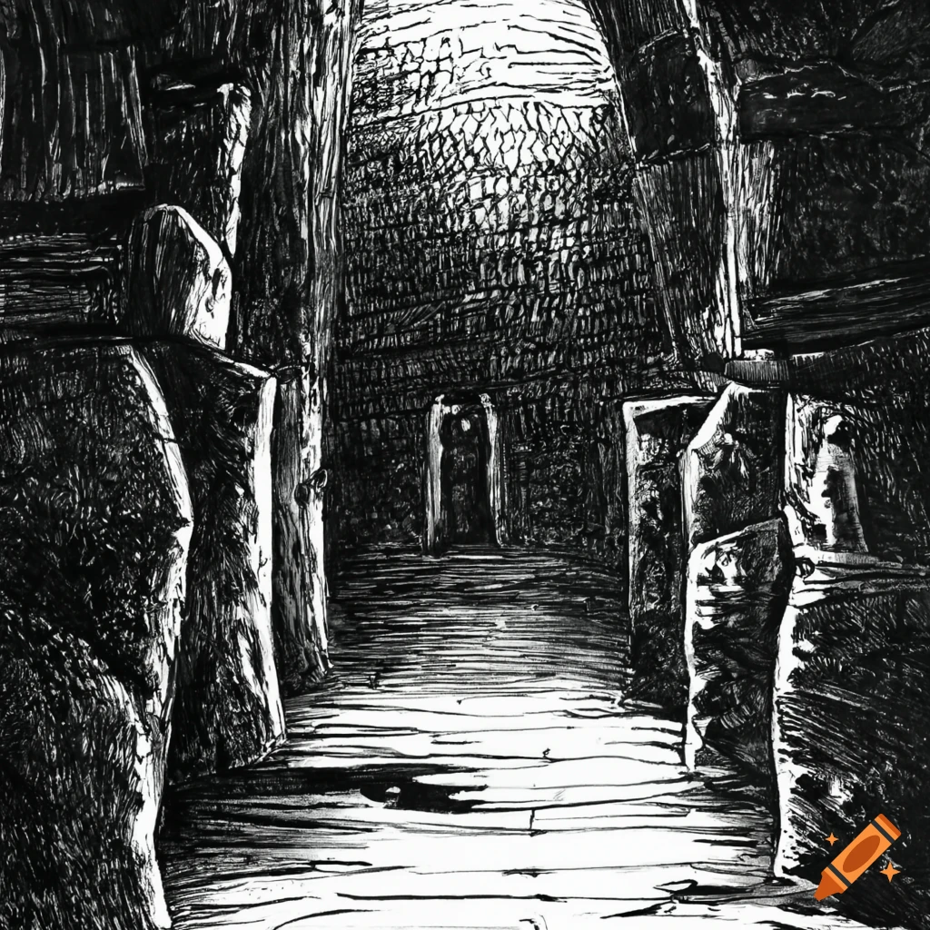 High detail ink drawing of a hallway through a megalithic barrow tomb ...