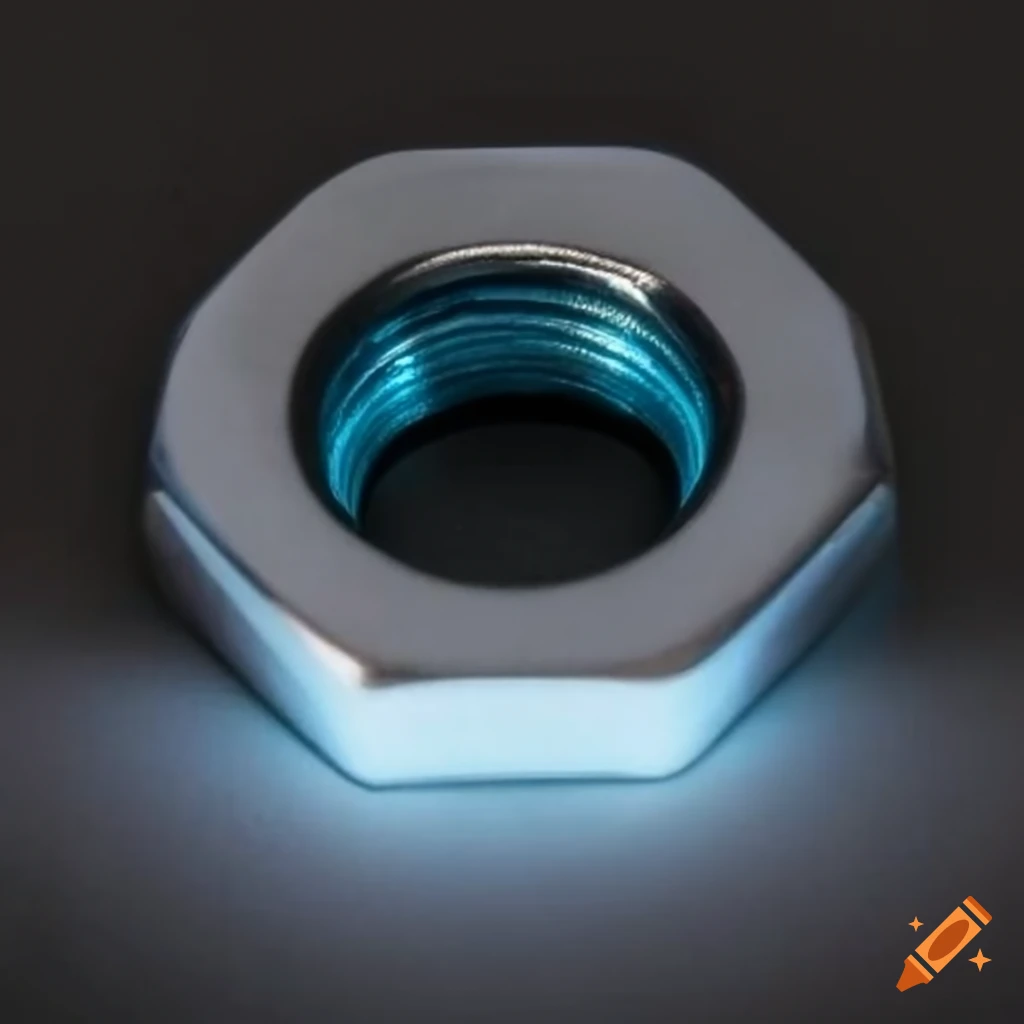 Stainless steel octagonal hardware nut with glowing blue light on Craiyon