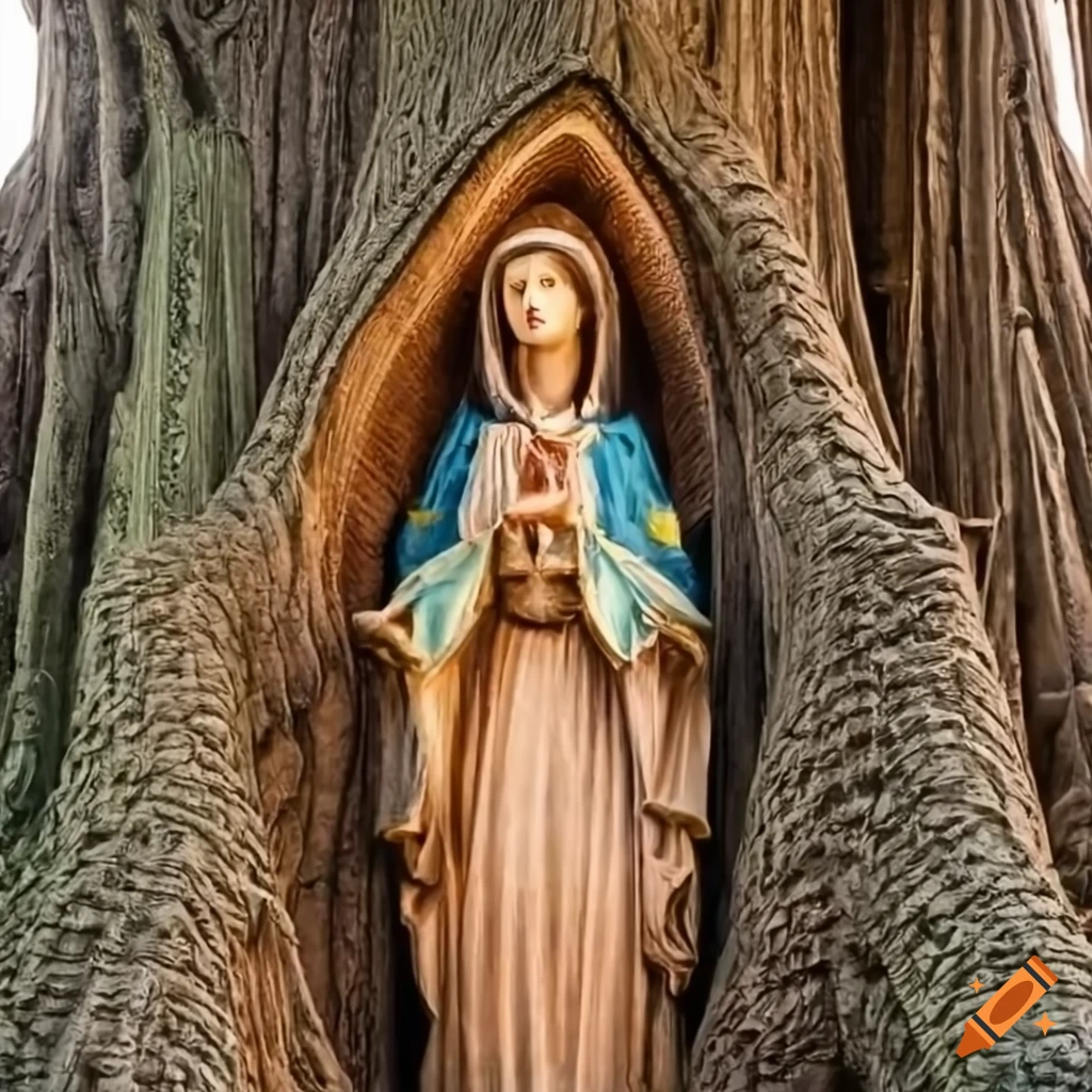 Sculpture of the virgin mother maria inside a detailed tree on Craiyon