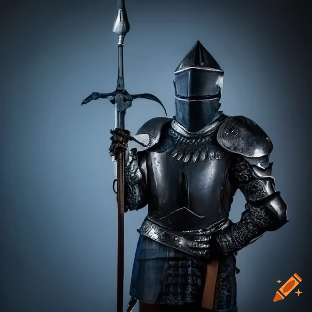 Hyper realistic blue armored knight holding a halberd on Craiyon