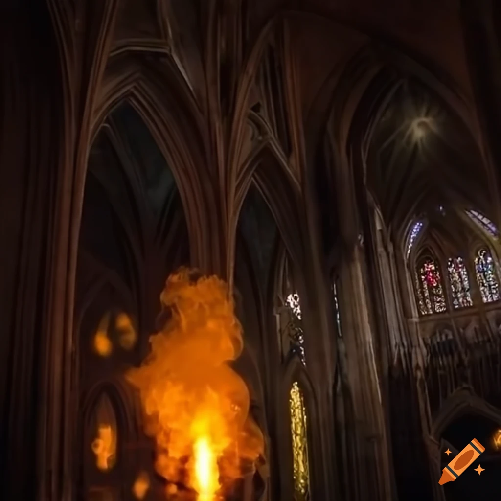 Incense flame and smoke at the cathedral altar with tall backlit ...