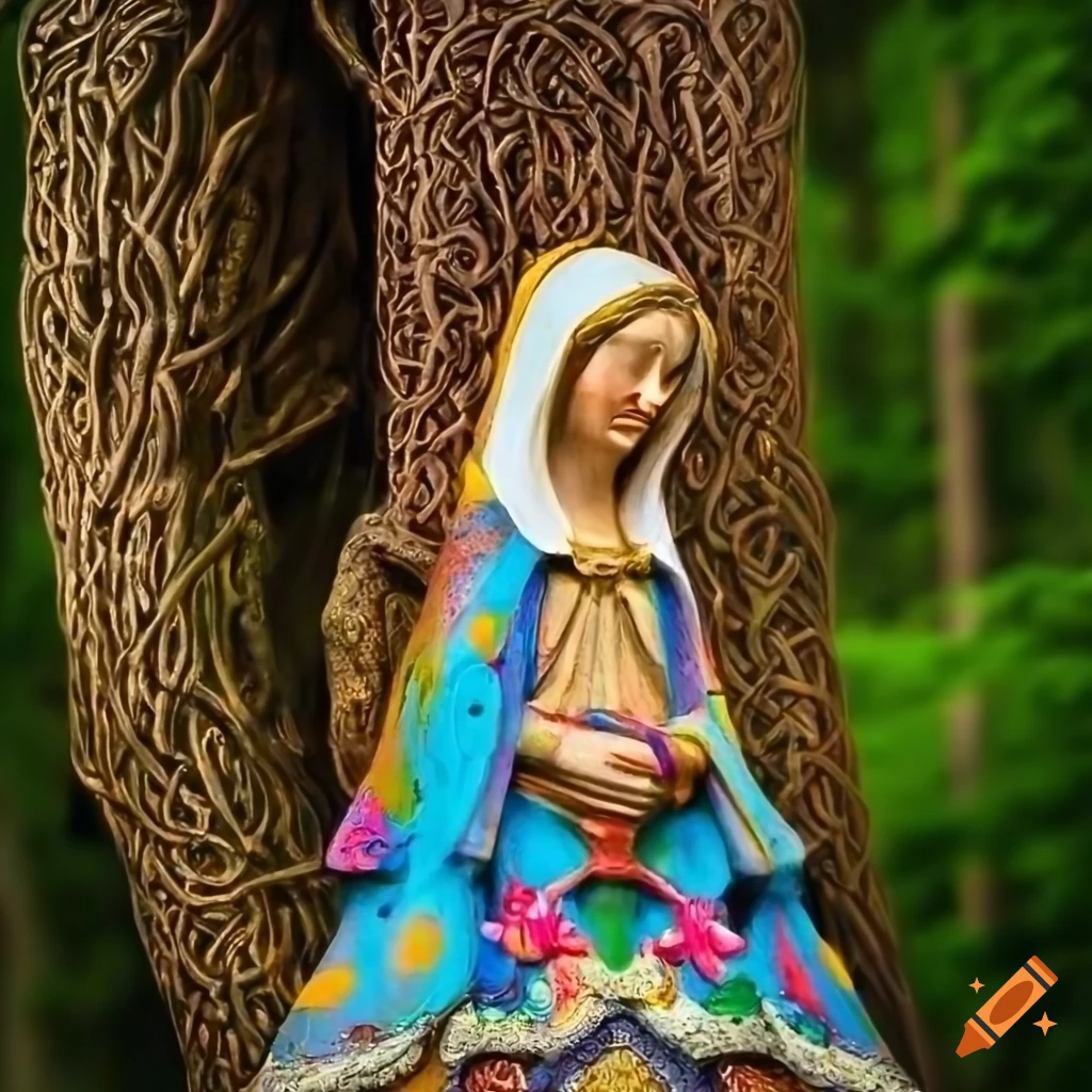 Sculpture of Maria, the Virgin Mother, inside a massive tree with ...