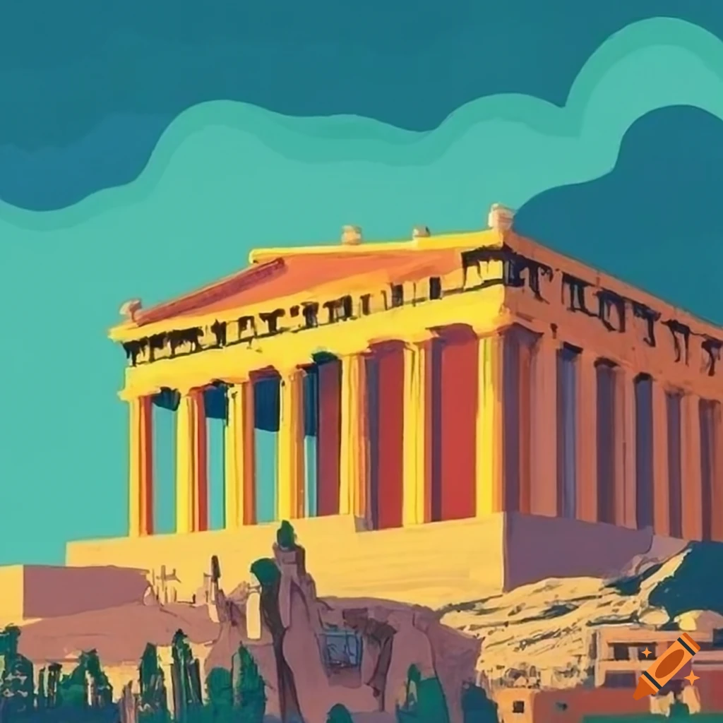 Athens and the parthenon at sunset in wpa style art on Craiyon