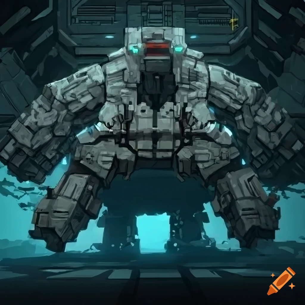Isometric concept art of a space golem mecha in an underwater hangar ...