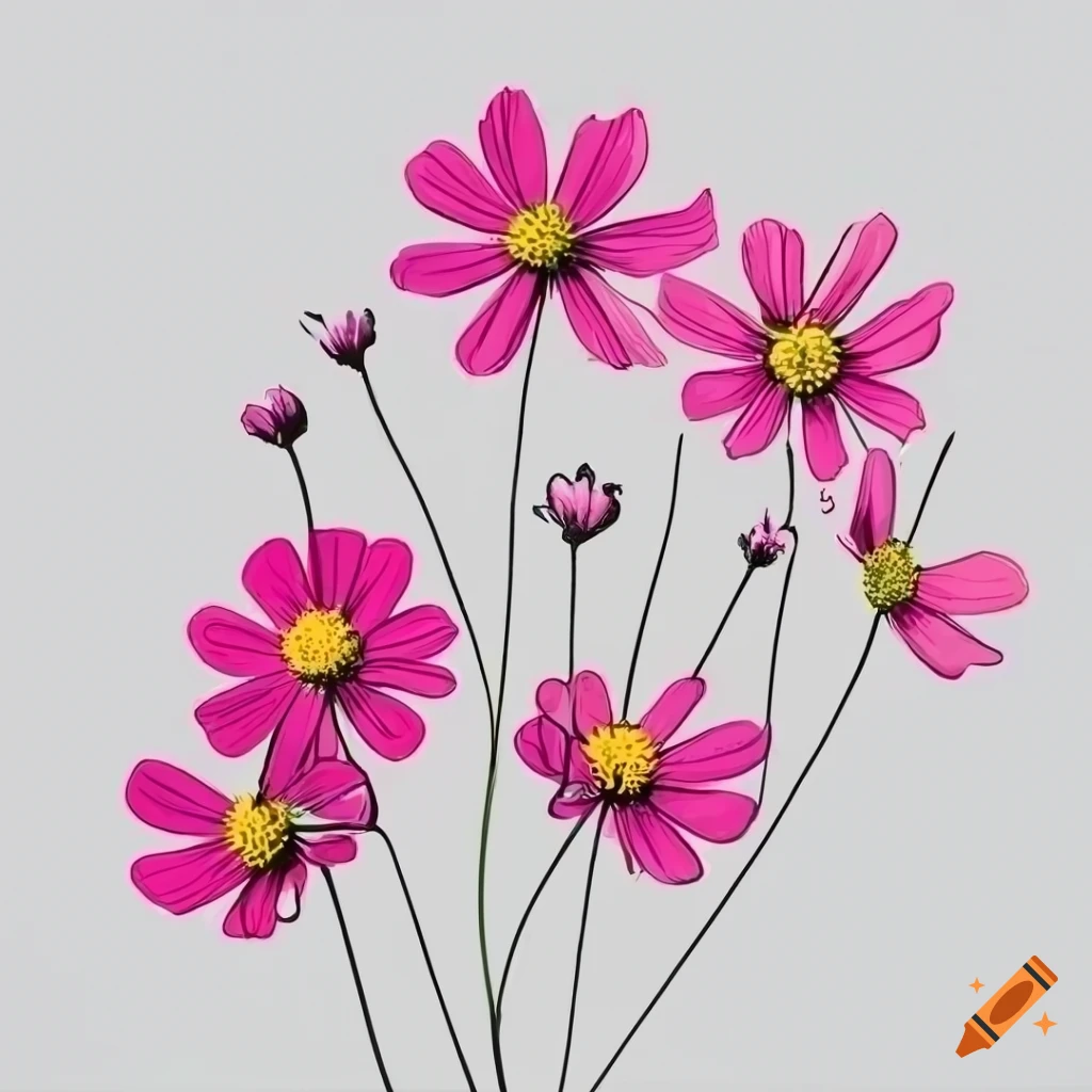 Line drawing of small cosmos flowers on white background on Craiyon
