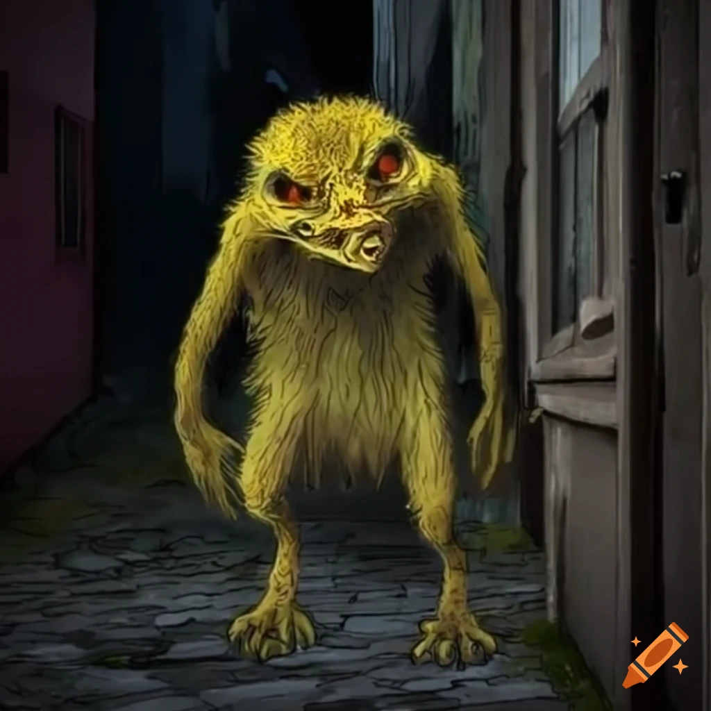 Unique cryptid with yellow fur and glowing eyes in a dark alleyway on Craiyon