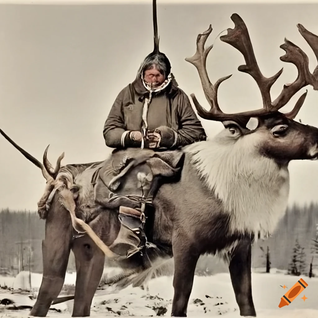 Trapper riding a massive caribou in antique photo style on Craiyon