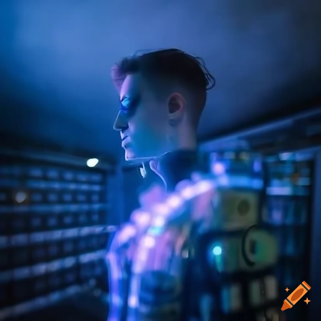 Futuristic male cyborg being repaired in a smoke-filled underground ...