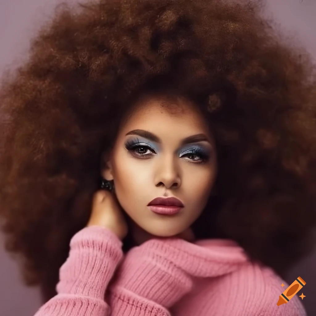 Beautiful 25 year old caramel woman with detailed afro hair and dark brown eyes in pink off ...