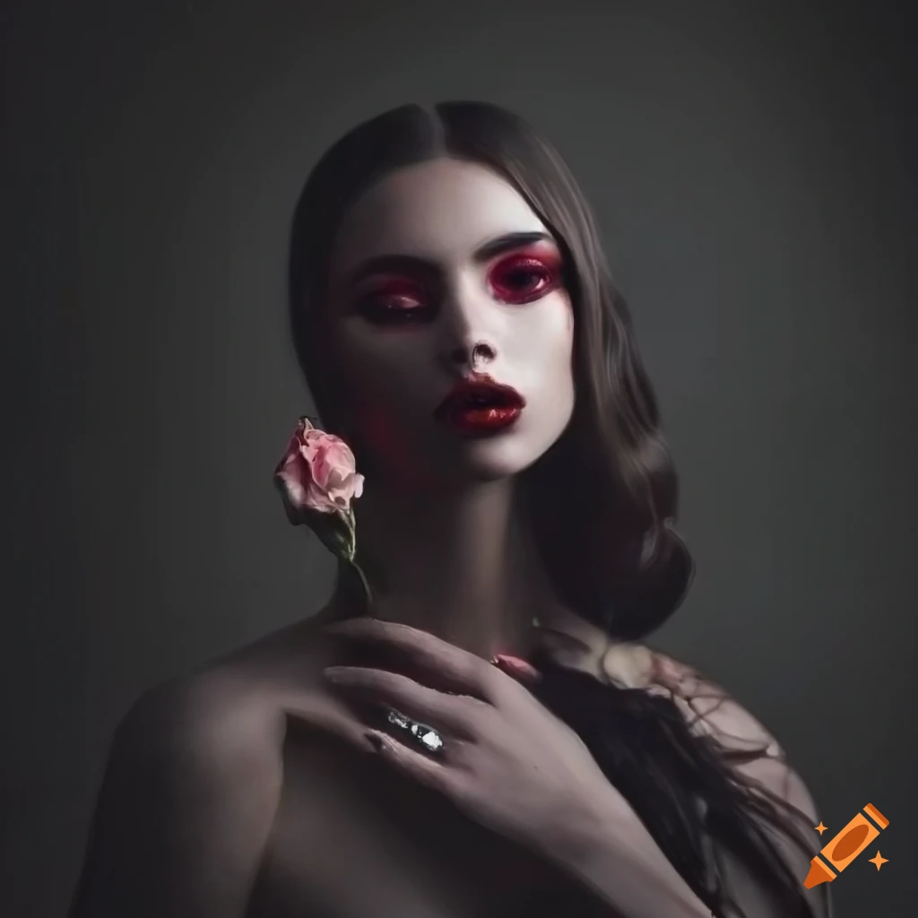 Woman in black with a white rose on her face on Craiyon