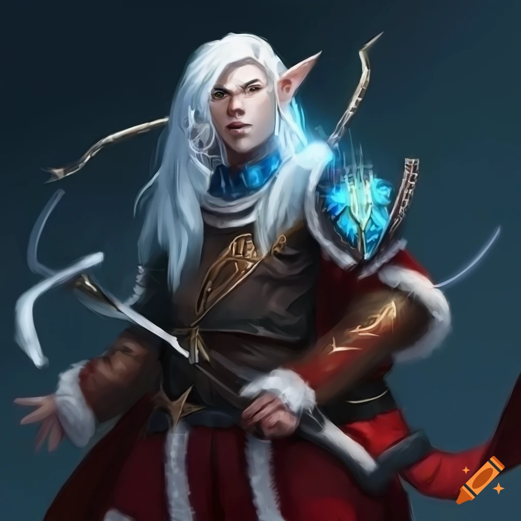 Male blue-skinned elf ranger with white hair in santa suit on Craiyon