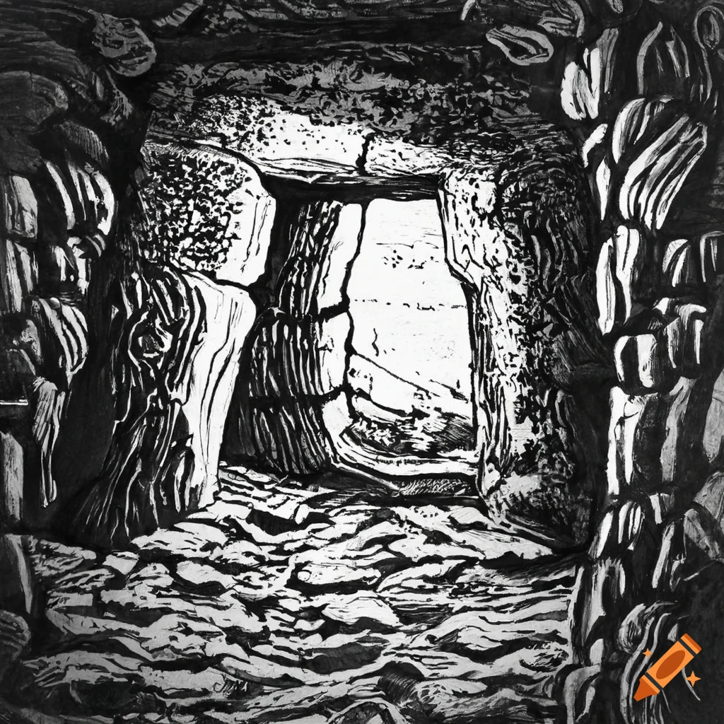 Black and white ink drawing of a megalithic barrow tomb hallway with ...