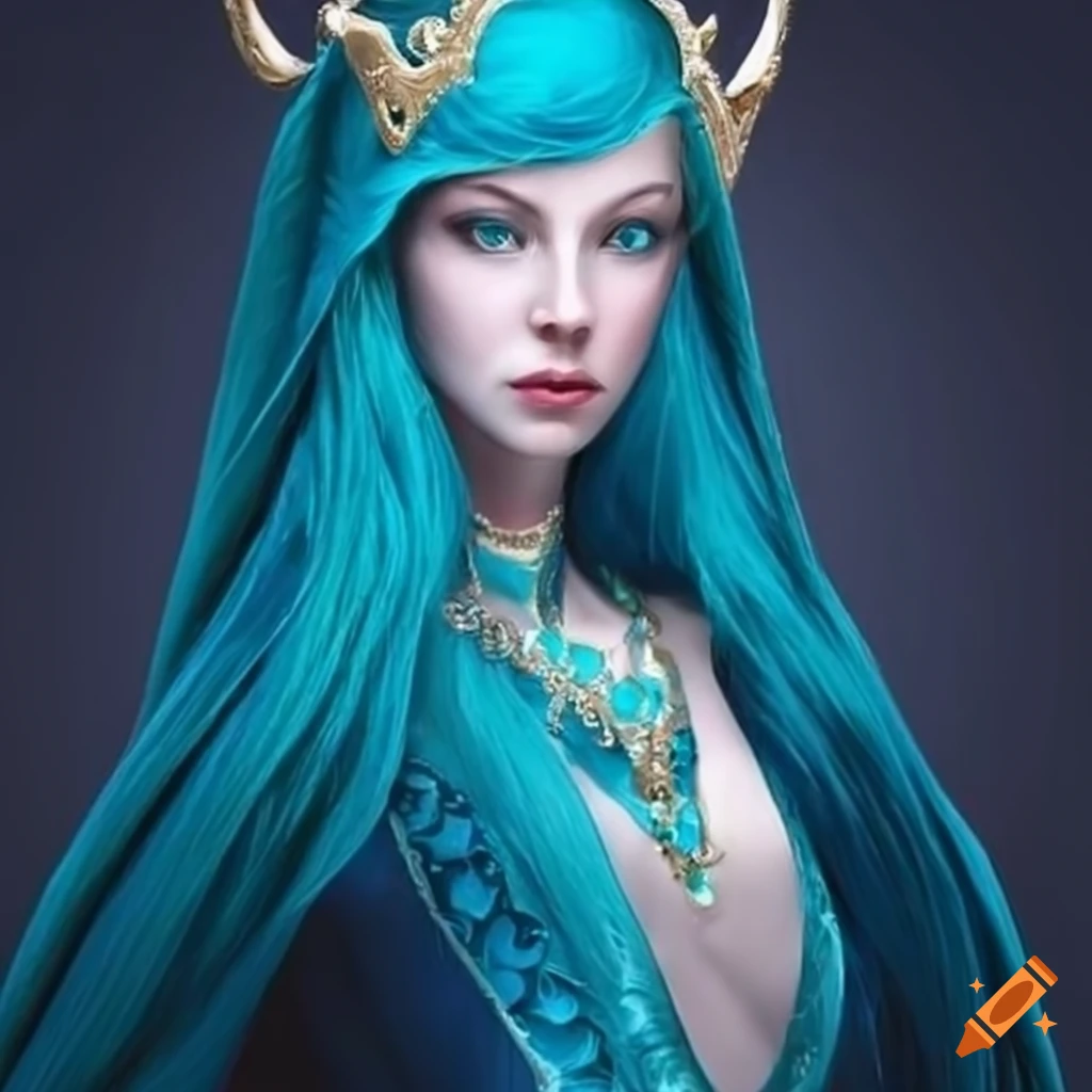 High elf woman with light blue hair in royal attire on Craiyon