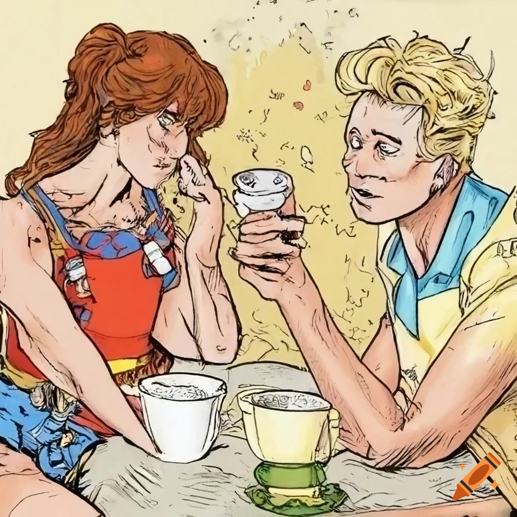 Comic book characters conversing over tea in colorful liner ...