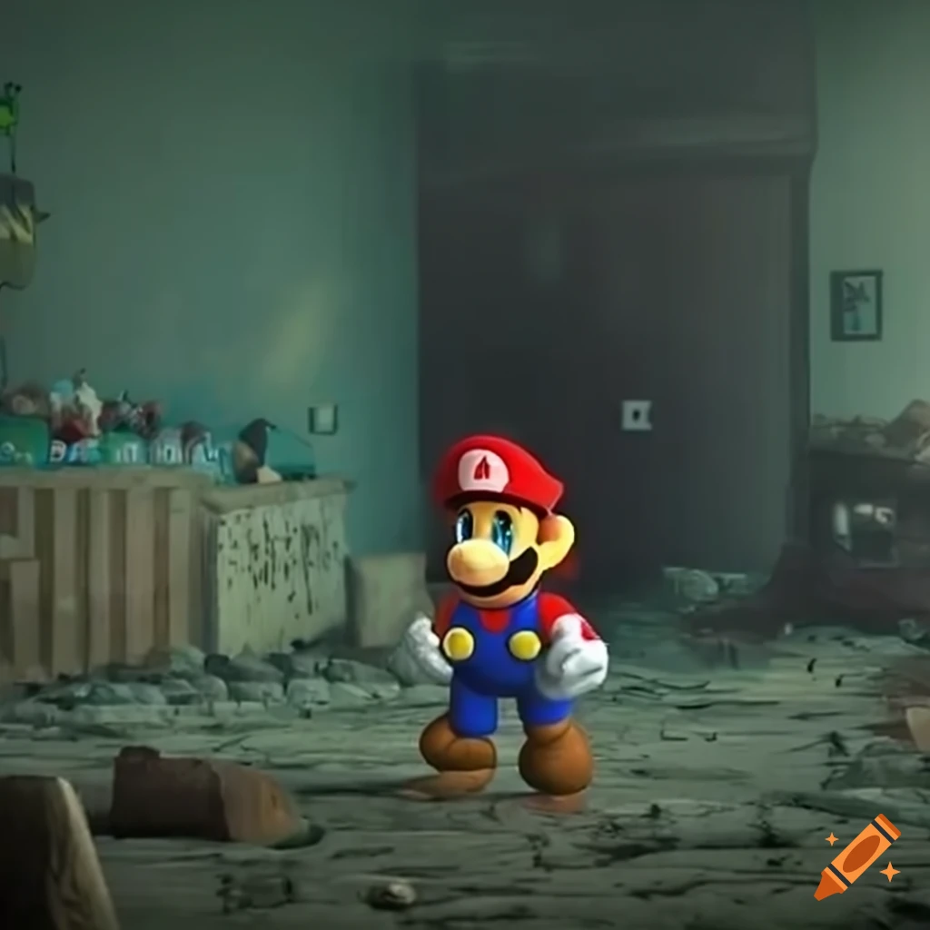 Super mario running in a post-apocalyptic wasteland on Craiyon
