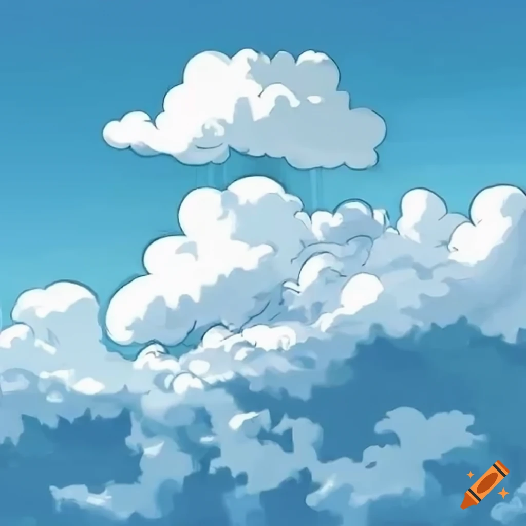 Studio ghibli-style drawing of clouds in a clear sky on Craiyon