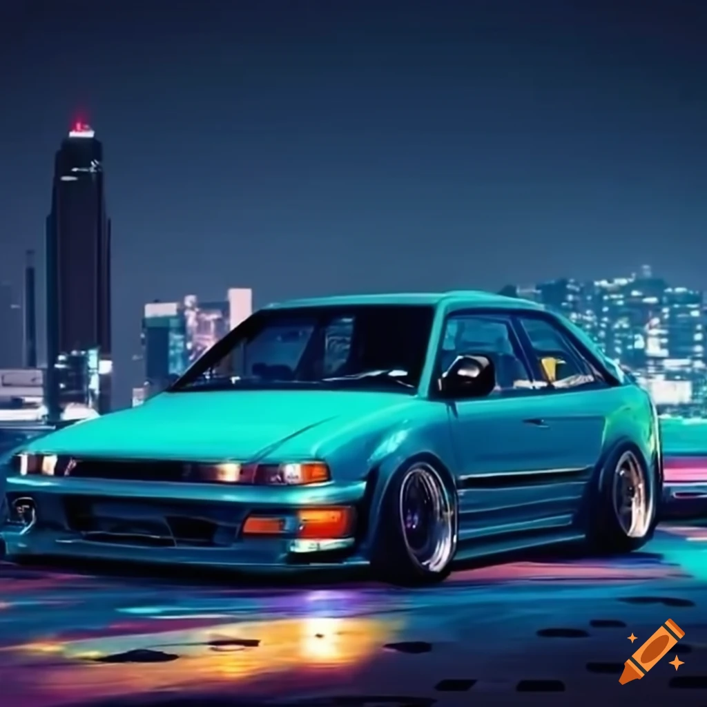 Jdm cars in a synthwave city on Craiyon