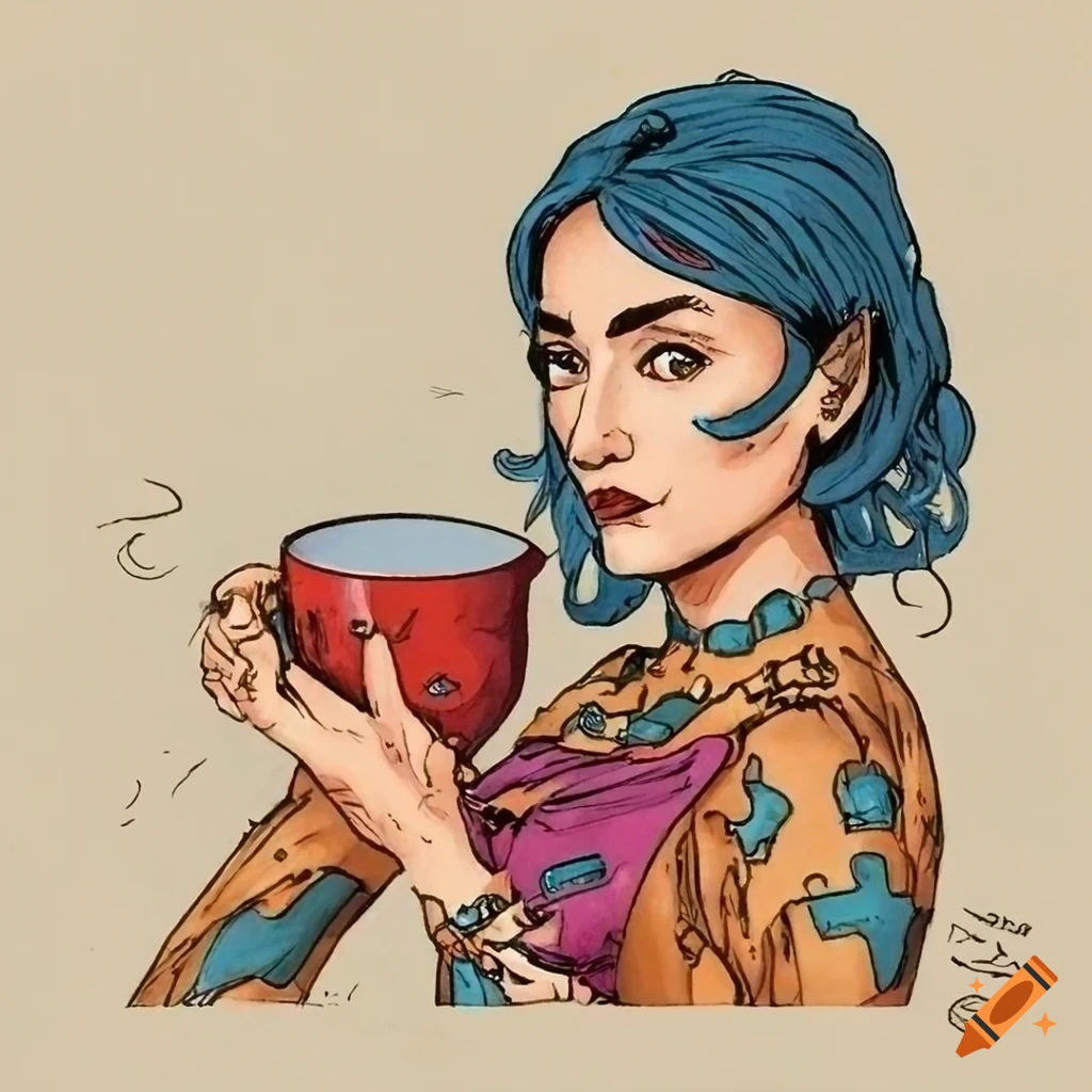 Comic book characters conversing over tea in colorful liner ...