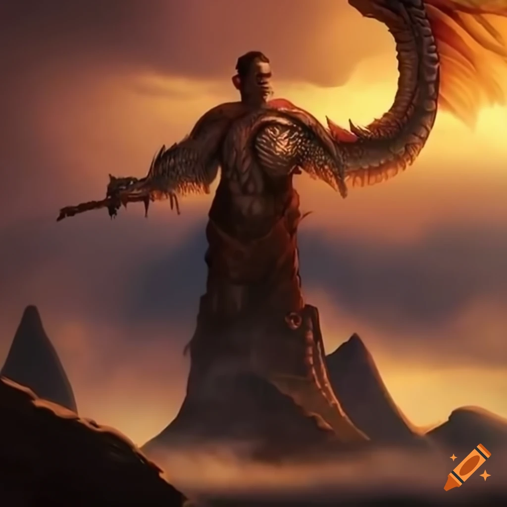 Half-man, half-car battling a dragon on a mountain on Craiyon