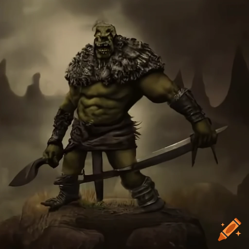 Orc warrior wielding a sword on a battlefield in middle earth on Craiyon