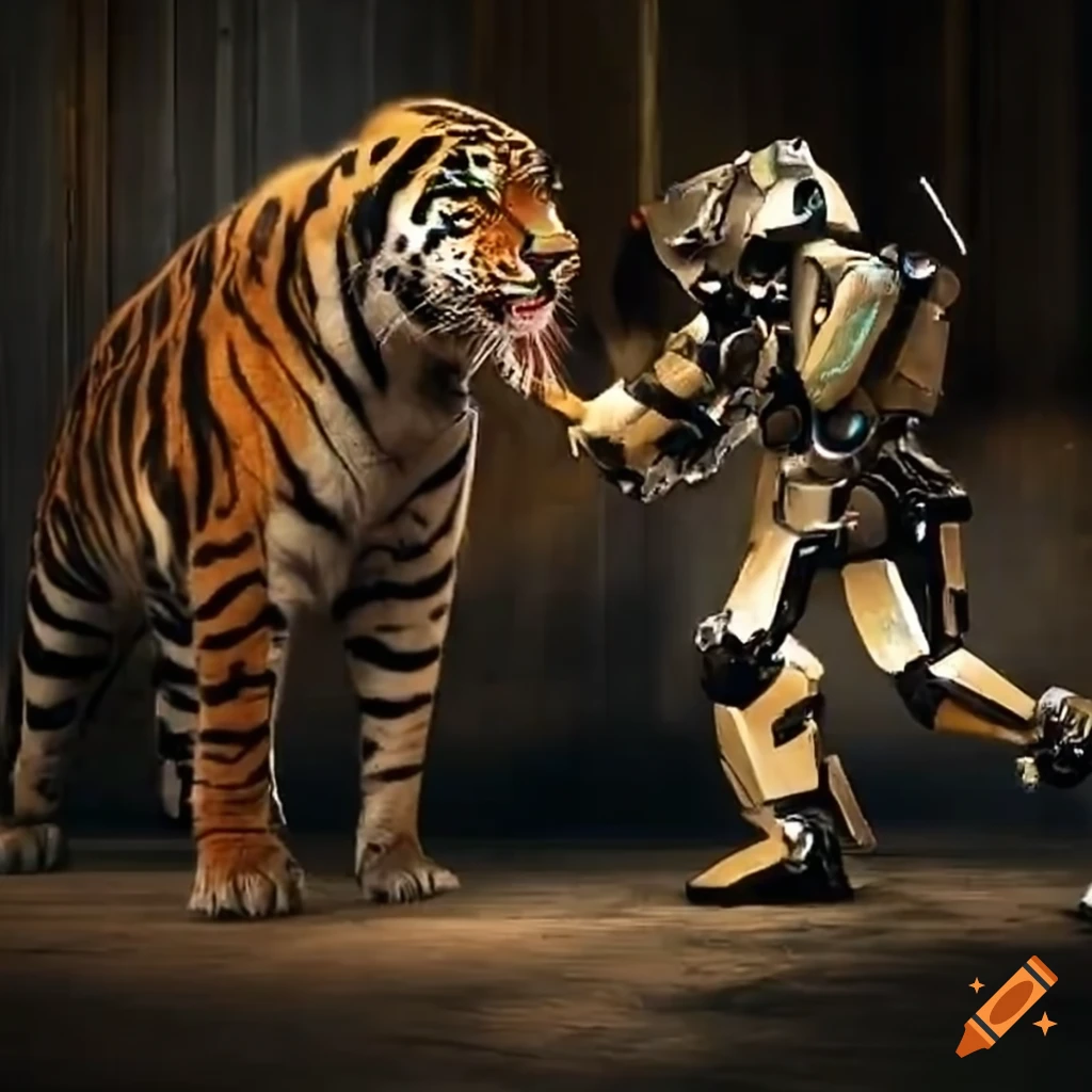 Robot and tiger engaged in combat on Craiyon