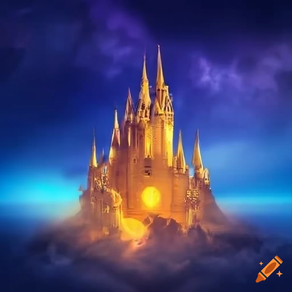 Golden crystal fantasy sky castle emitting warm light on Craiyon