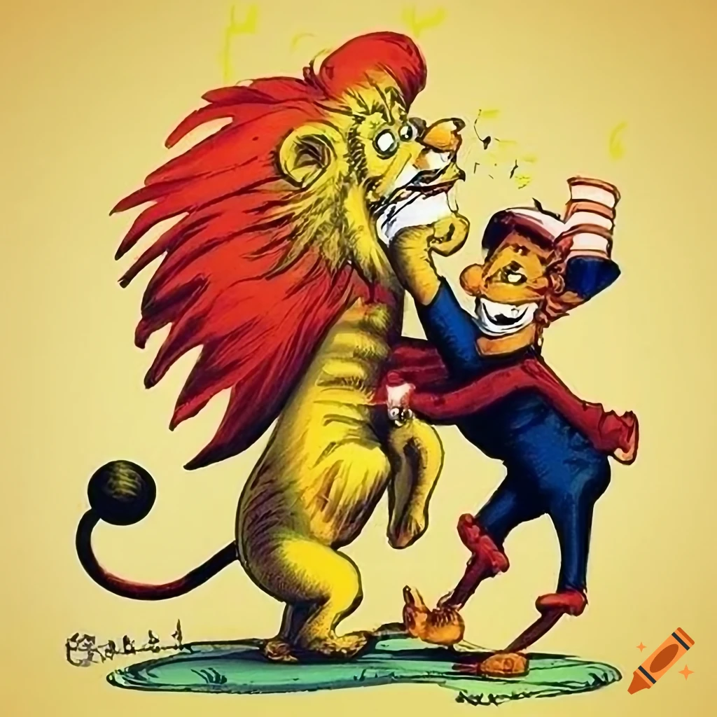 Humorous illustration of a tamper escaping from a lion in a circus ...