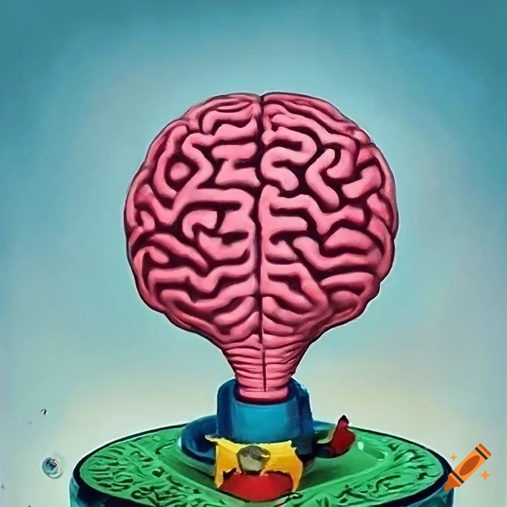 Colorful humorous book illustration of brains with a joystick, in a ...