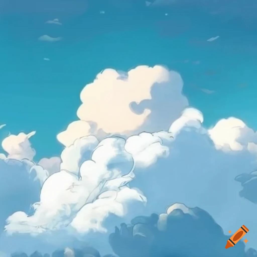 Studio ghibli style drawing of clouds in a clear sky on Craiyon