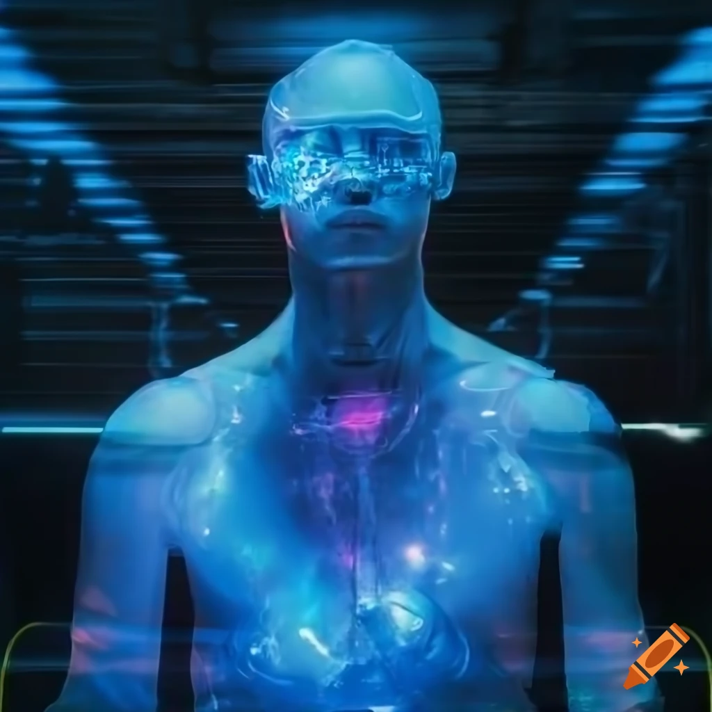 Male cyborg with LED lights in a futuristic sewage disposal plant on ...