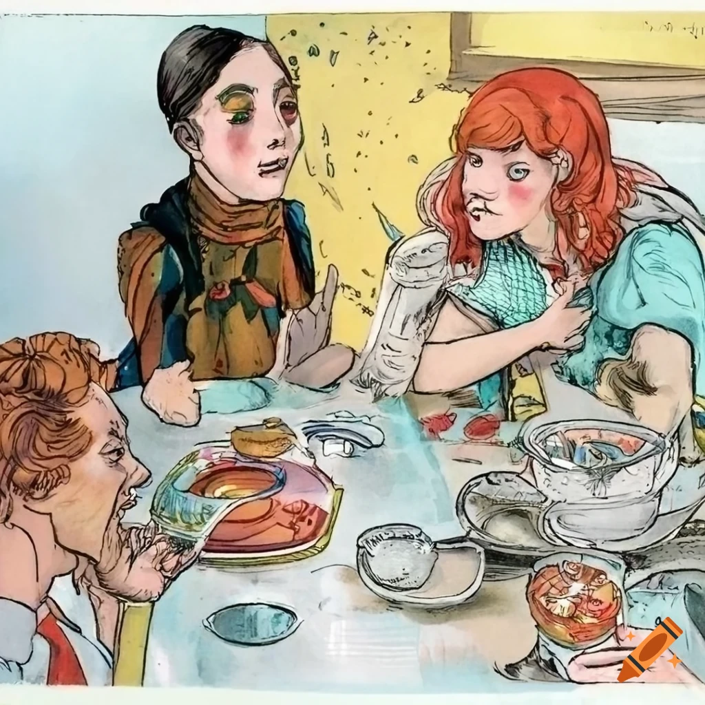 Comic book characters conversing over tea in colorful liner ...