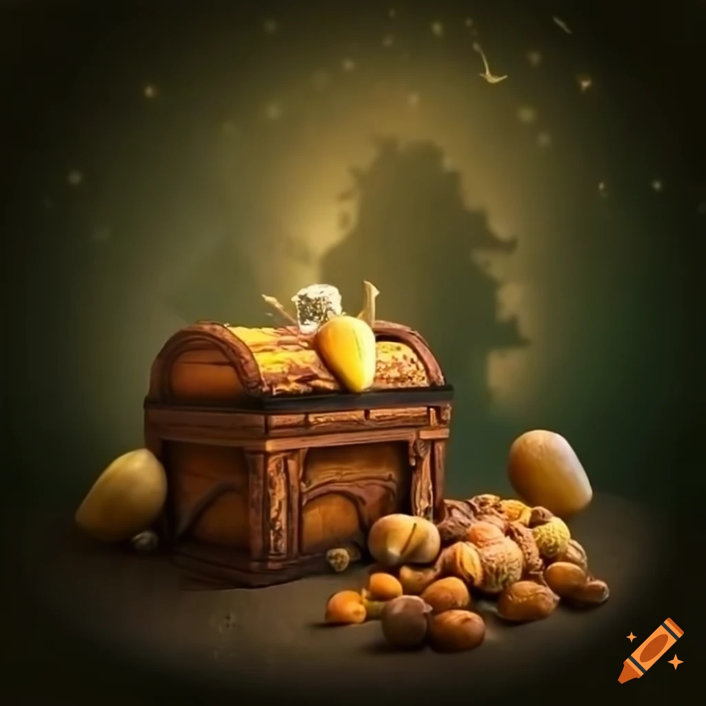 Enchanted forest treasure chest overflowing with acorns on Craiyon