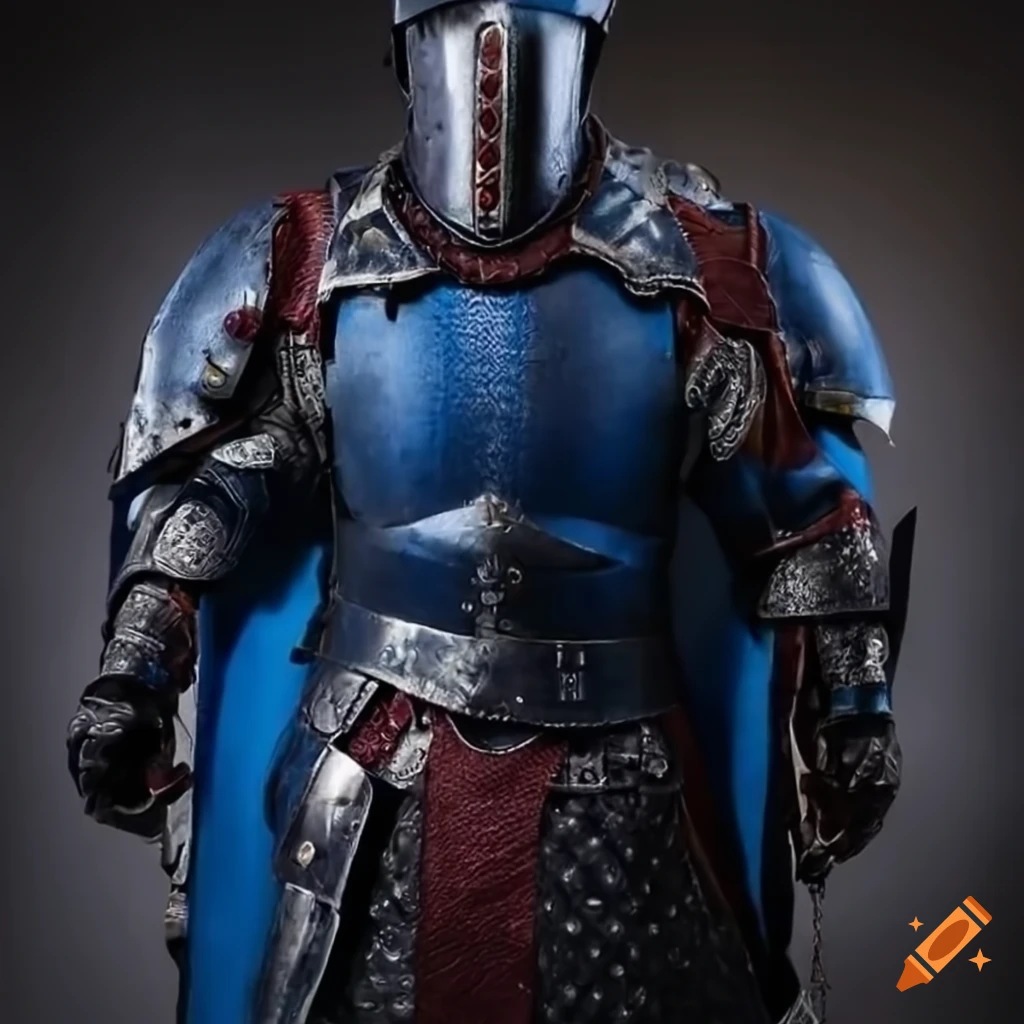 Hyper realistic blue armored knight with a red halberd on Craiyon