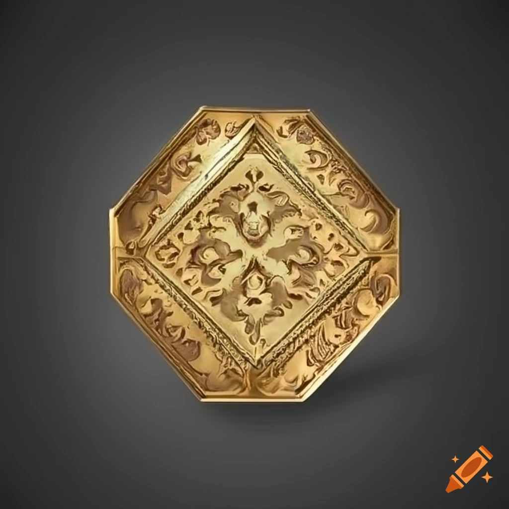 Gold decagon coin with embossed feather motif in a scrolling bezel on ...