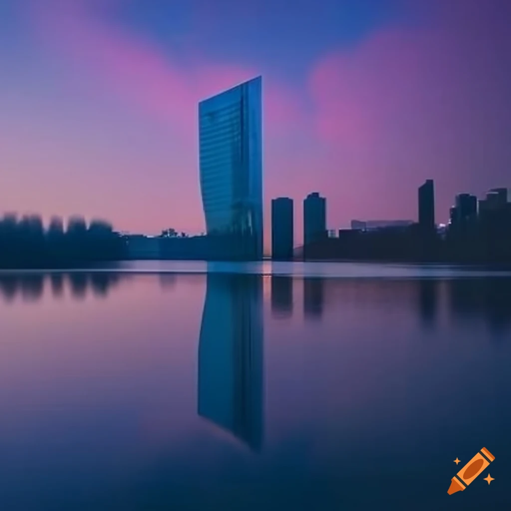 Modern glass skyscraper overlooking an artificial lake on Craiyon