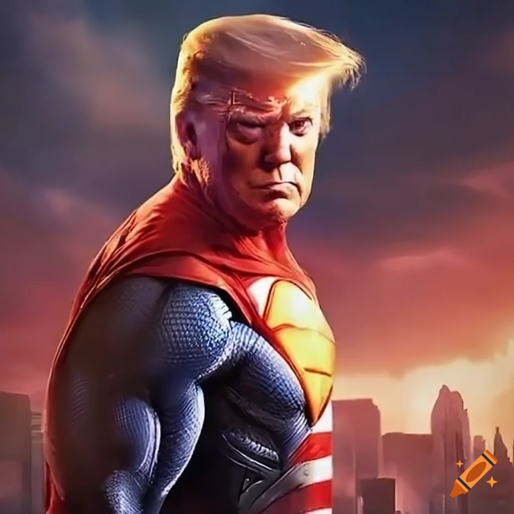 Superhero president trump flying with the american flag on Craiyon