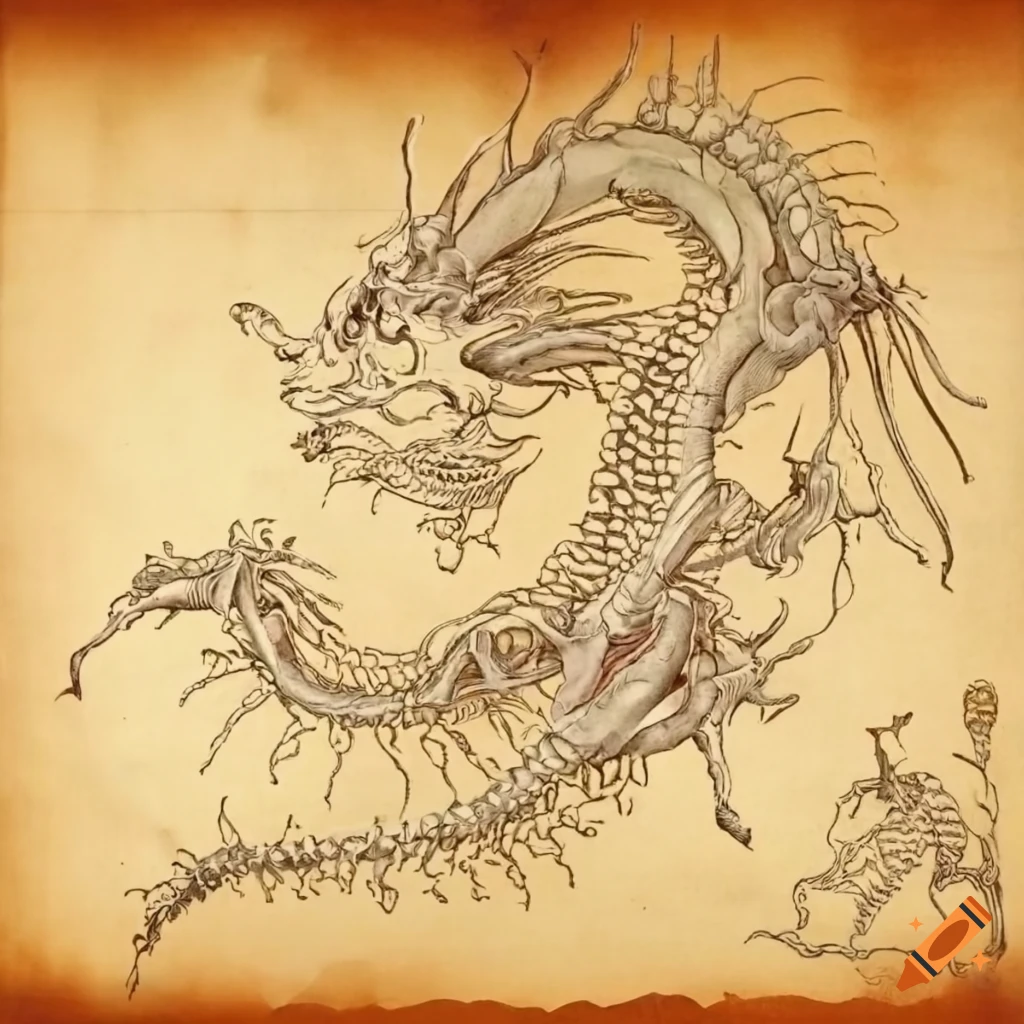 Anatomical drawing of a chinese dragon skeleton on parchment on Craiyon