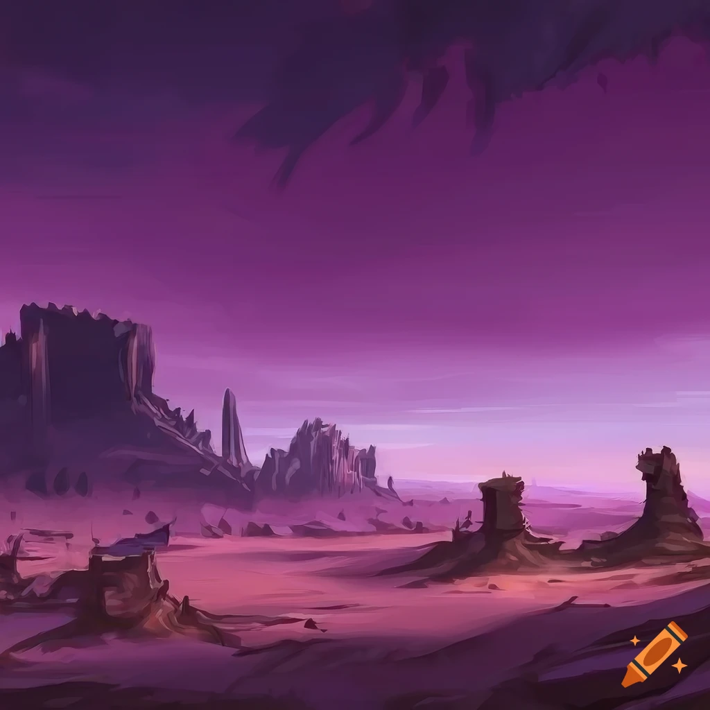 Purple desert with ruins in the background in detailed fantasy artwork ...
