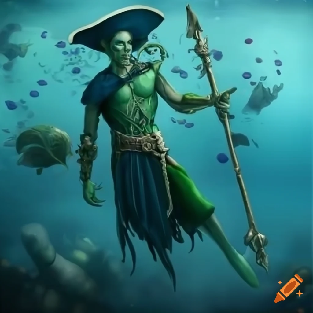 Blue-green male sea elf pirate underwater with spear in hyper-realistic ...