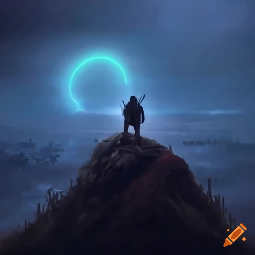 Futuristic night battlefield with glowing skies and a soldier on a hill ...