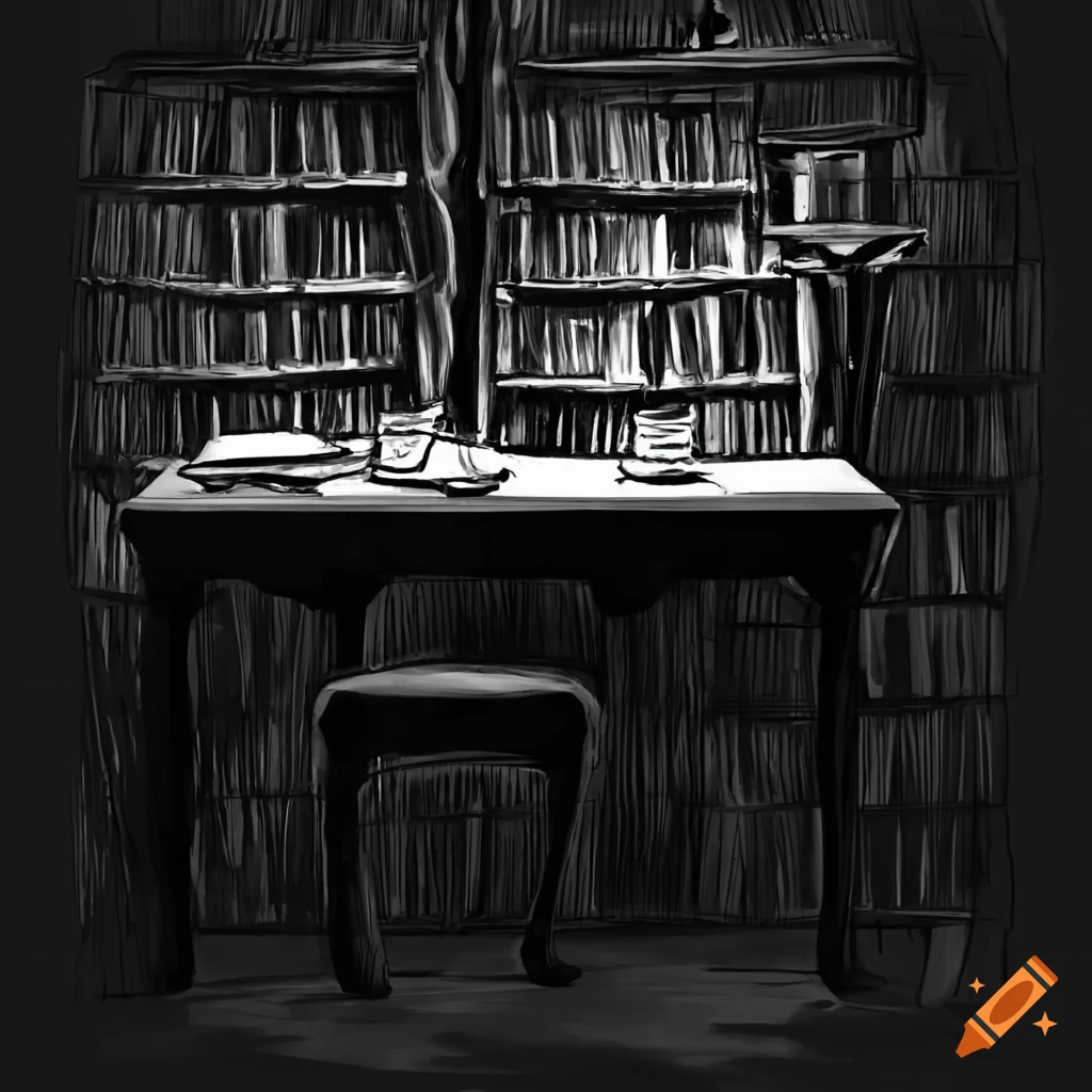 Desk in a library on Craiyon