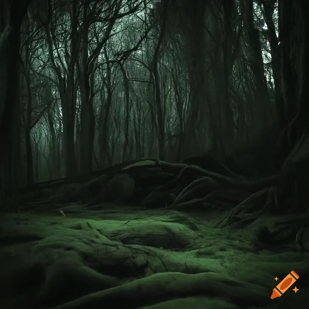 Dark landscape with trees, moss, and roots on Craiyon