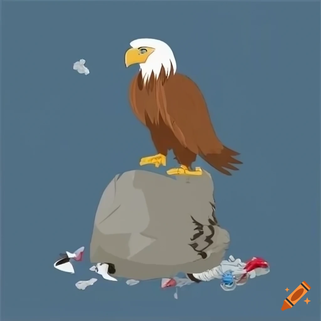 Majestic eagle perched on a rock with discarded trash in the background ...
