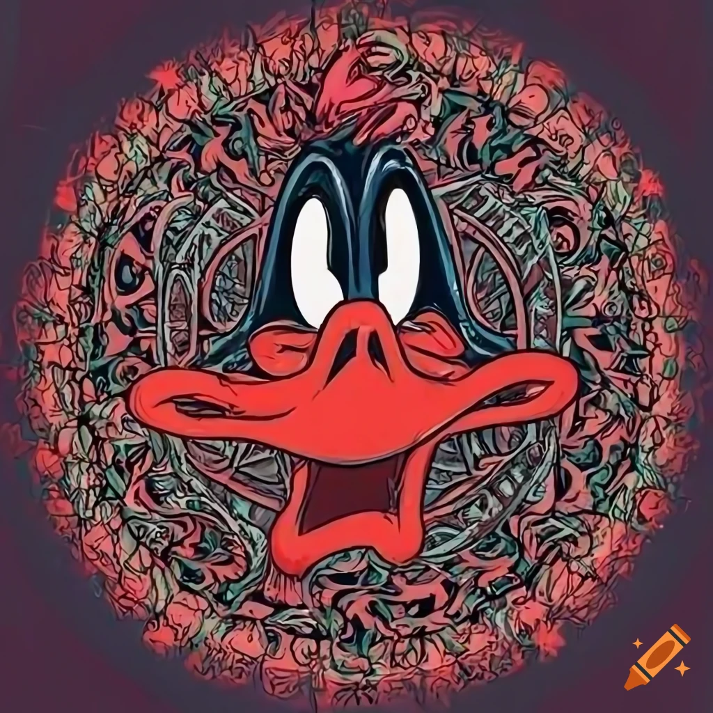 Cartoon drawing of Daffy Duck's head inside a pentagram in a detailed ...