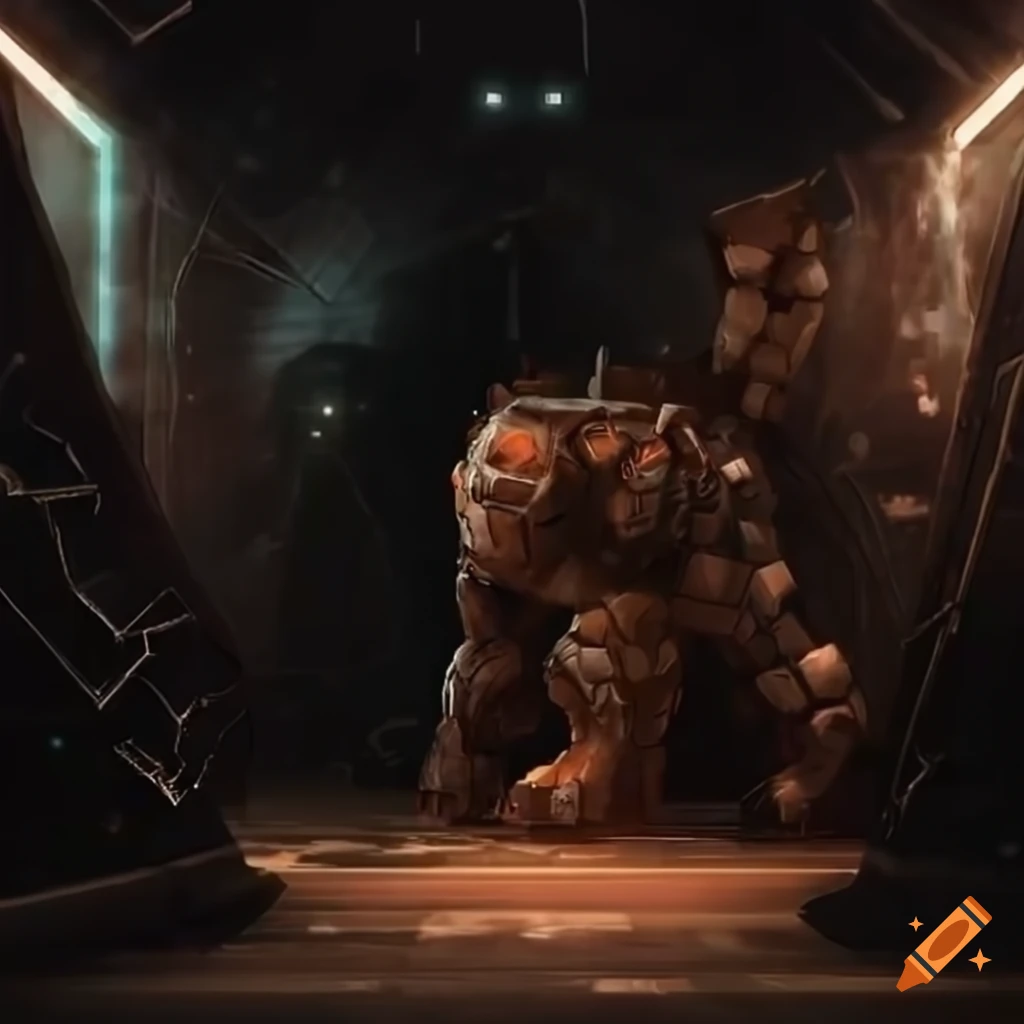 Space golem in hangar on Craiyon