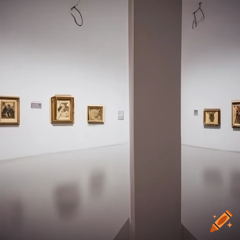 Interior of a museum with white walls exhibiting sculptures on Craiyon